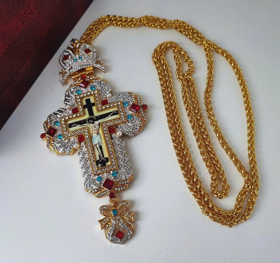 Pectoral Cross With Chain Red Blue Stones, Orthodox Priest Gift Cross ...