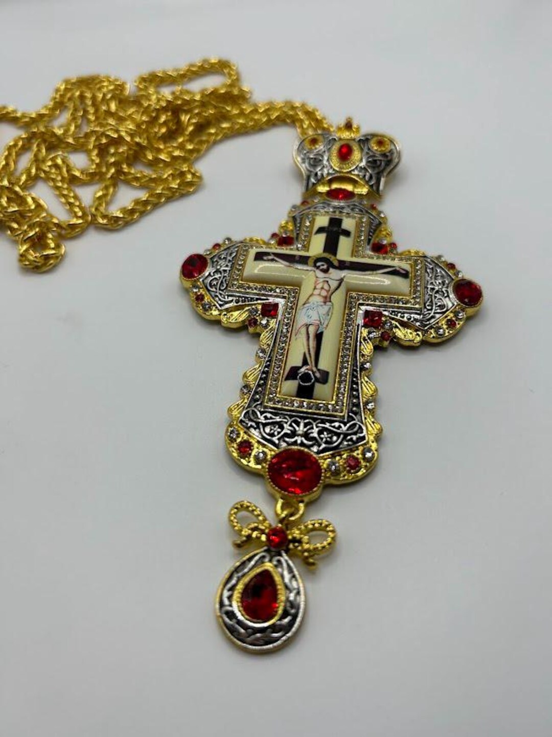 Orthodox Priest Cross Pendant: Brass Crucifix With Red Stones - Etsy
