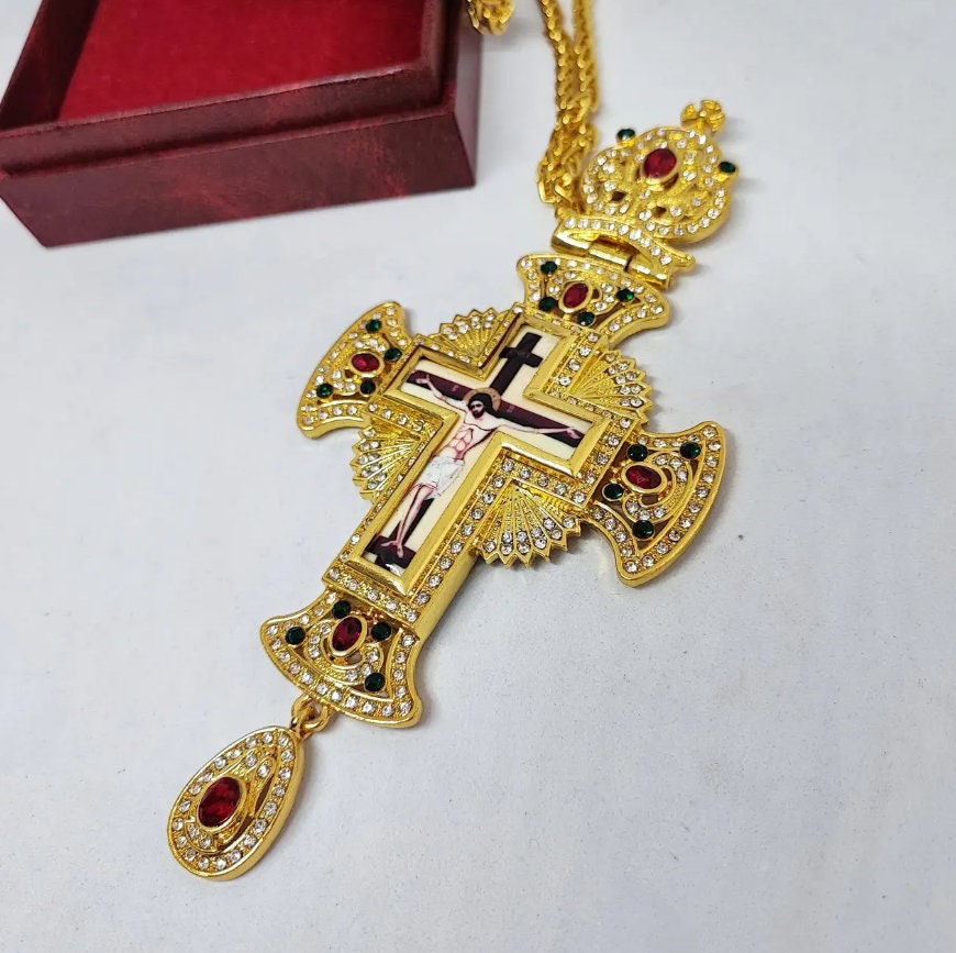 Golden Brass Orthodox Cross for Priest, With Chain and Stones, Church ...