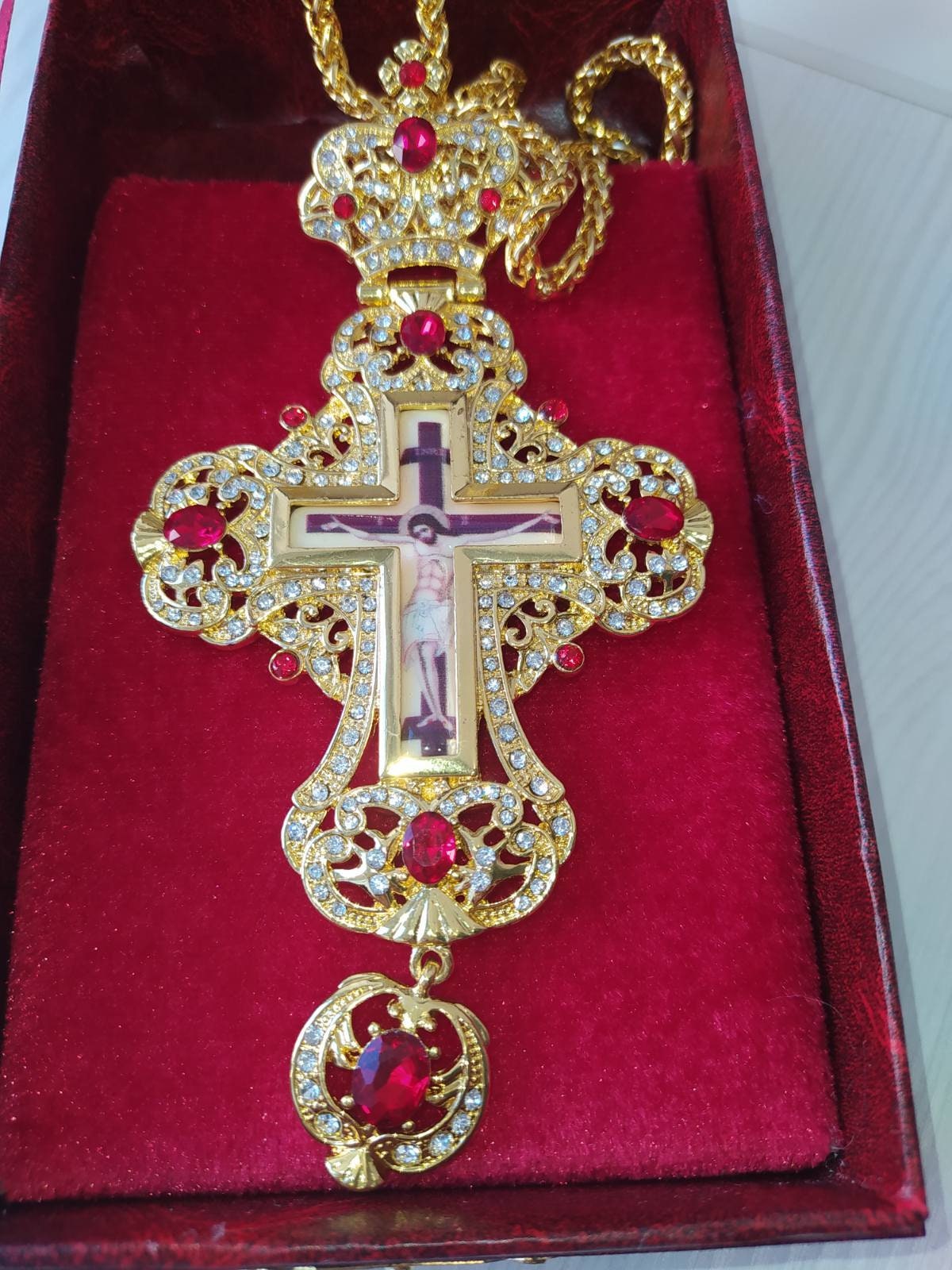 Gold Plated Pectoral Cross, Jesus Crucifix, Red Stones, Ukrainian ...