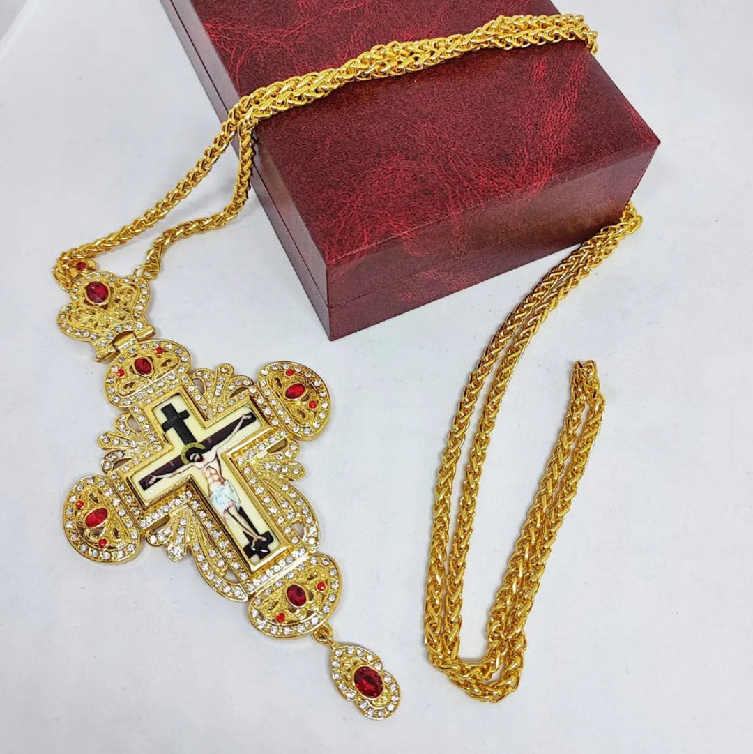 Priest Pendant Cross With Chain, Decorated With Stones, Orthodox Cross ...