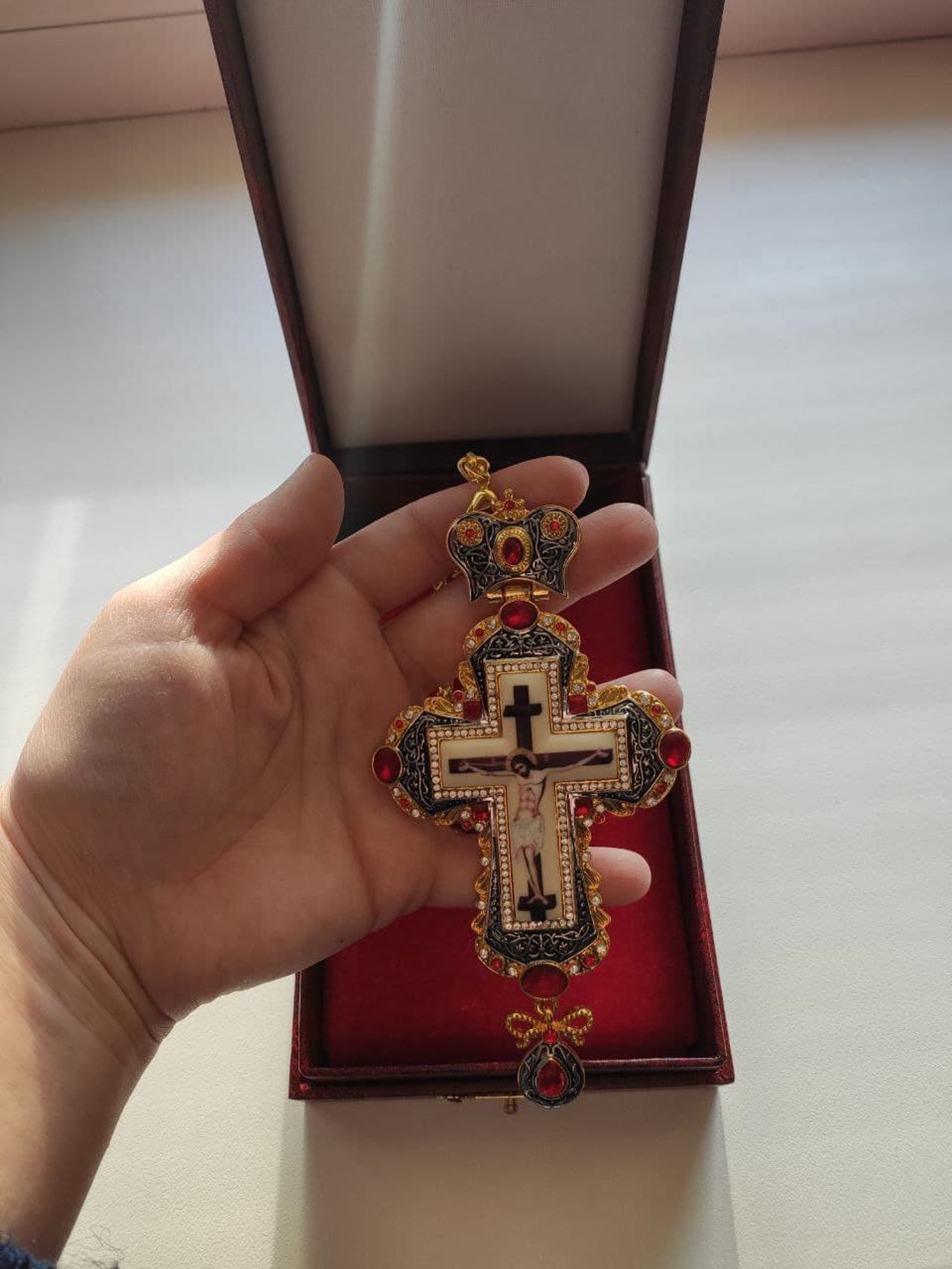 Orthodox Priest Pectoral Cross: Brass Crucifix With Red Stones - Etsy