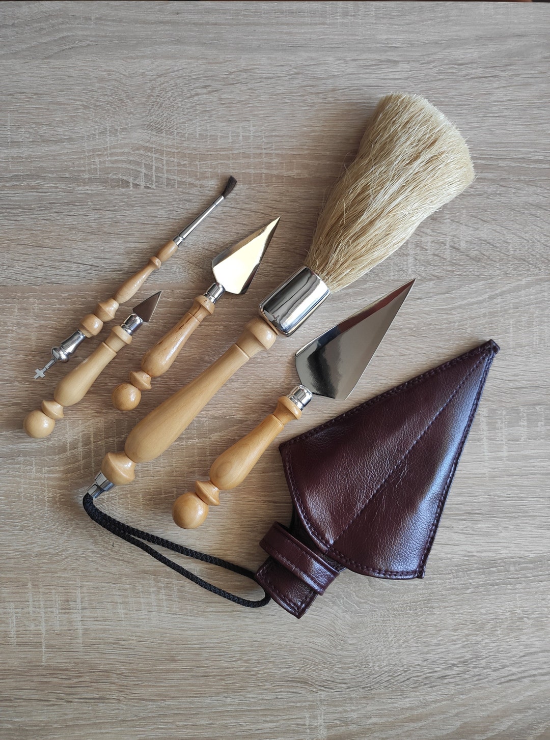 Liturgical Set: Portable Aspergillum, Brush, Spears With Carved Wooden ...