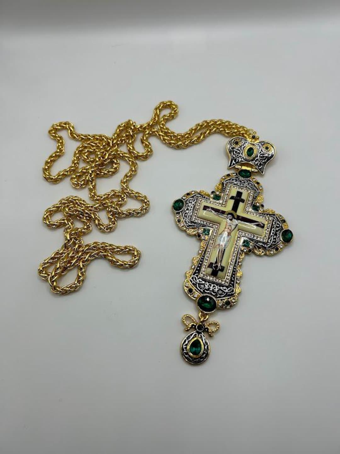 Gold Pectoral Cross With Green Stones: Orthodox Priest Necklace - Etsy