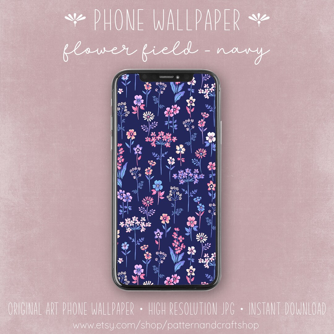 Navy Flower Field Phone Wallpaper: Floral Print Background (digital ...