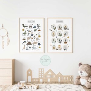 Set of 2 Dinosaur Prints Dino Alphabet & Numbers Boys Bedroom Decor ...