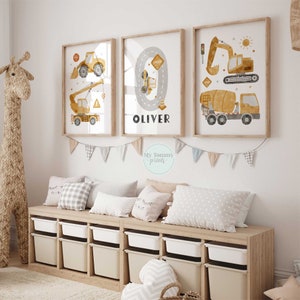Personalised Construction Wall Art Set of 3 Prints for Boys Bedroom or ...