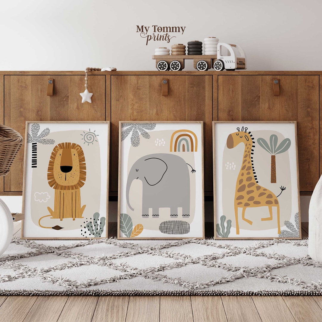 Set of 3 Safari Nursery Prints Boho Neutral Safari Animals Theme Decor ...