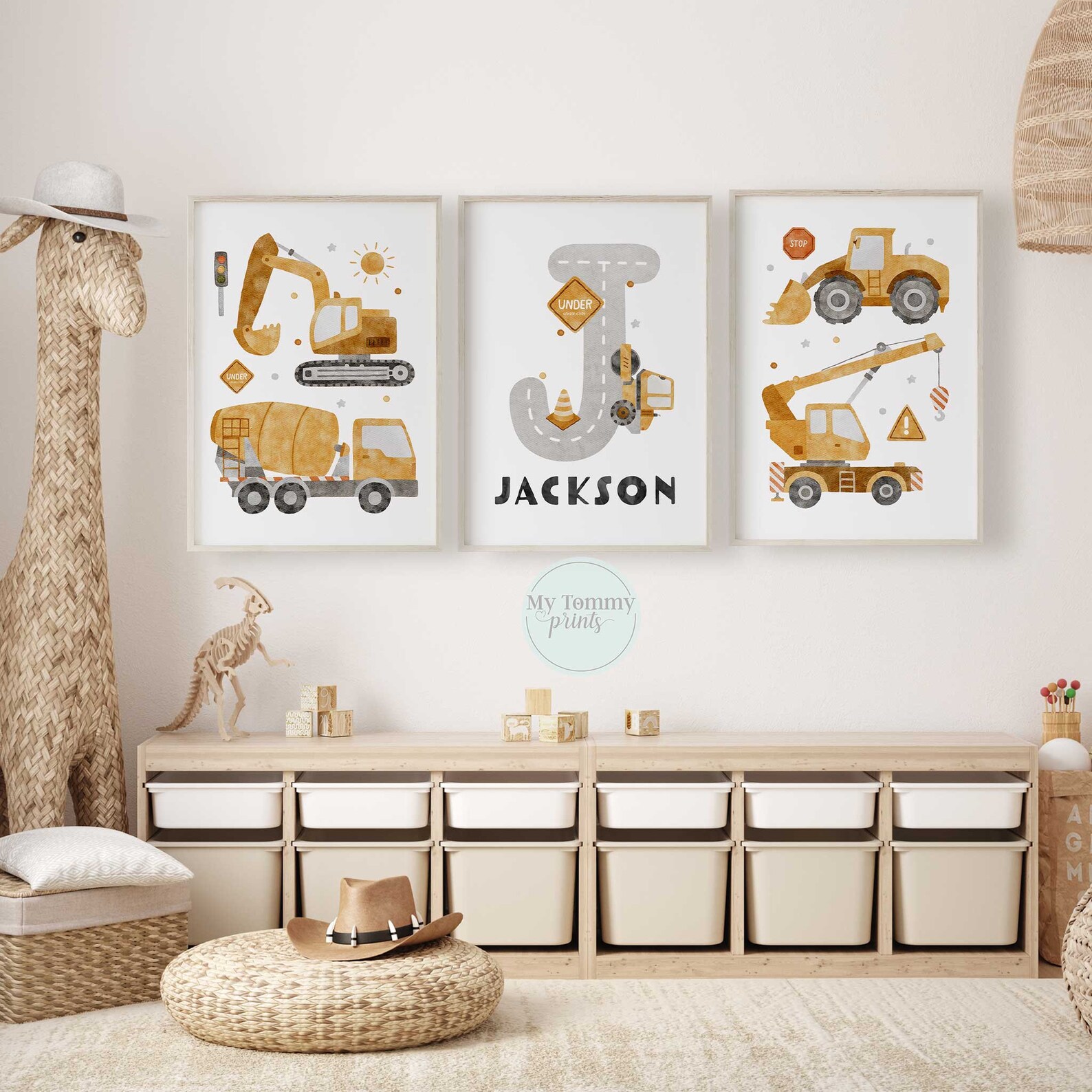 Personalised Construction Wall Art Set of 3 Prints for Boys Bedroom or ...