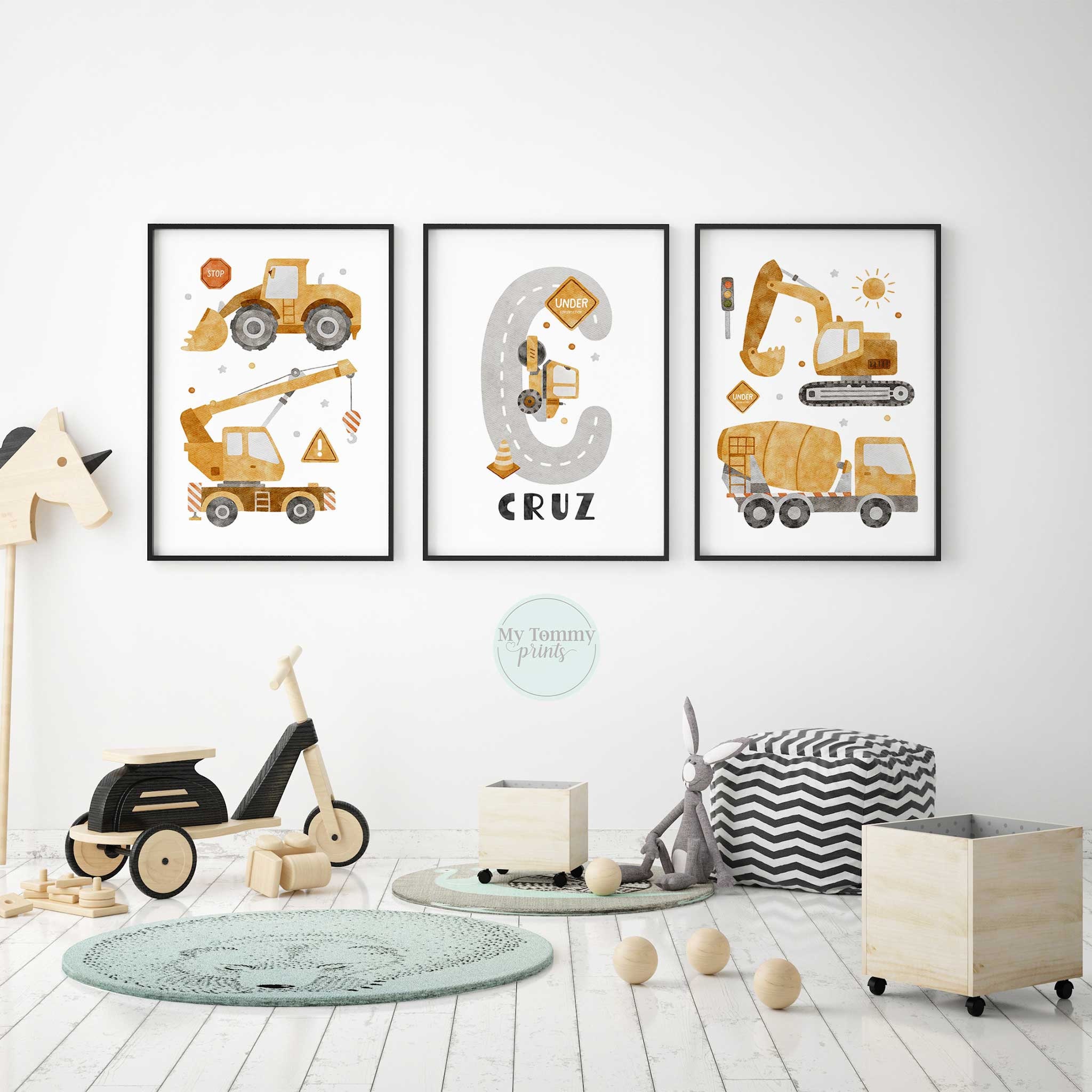 Personalised Construction Wall Art Set of 3 Prints for Boys Bedroom or ...