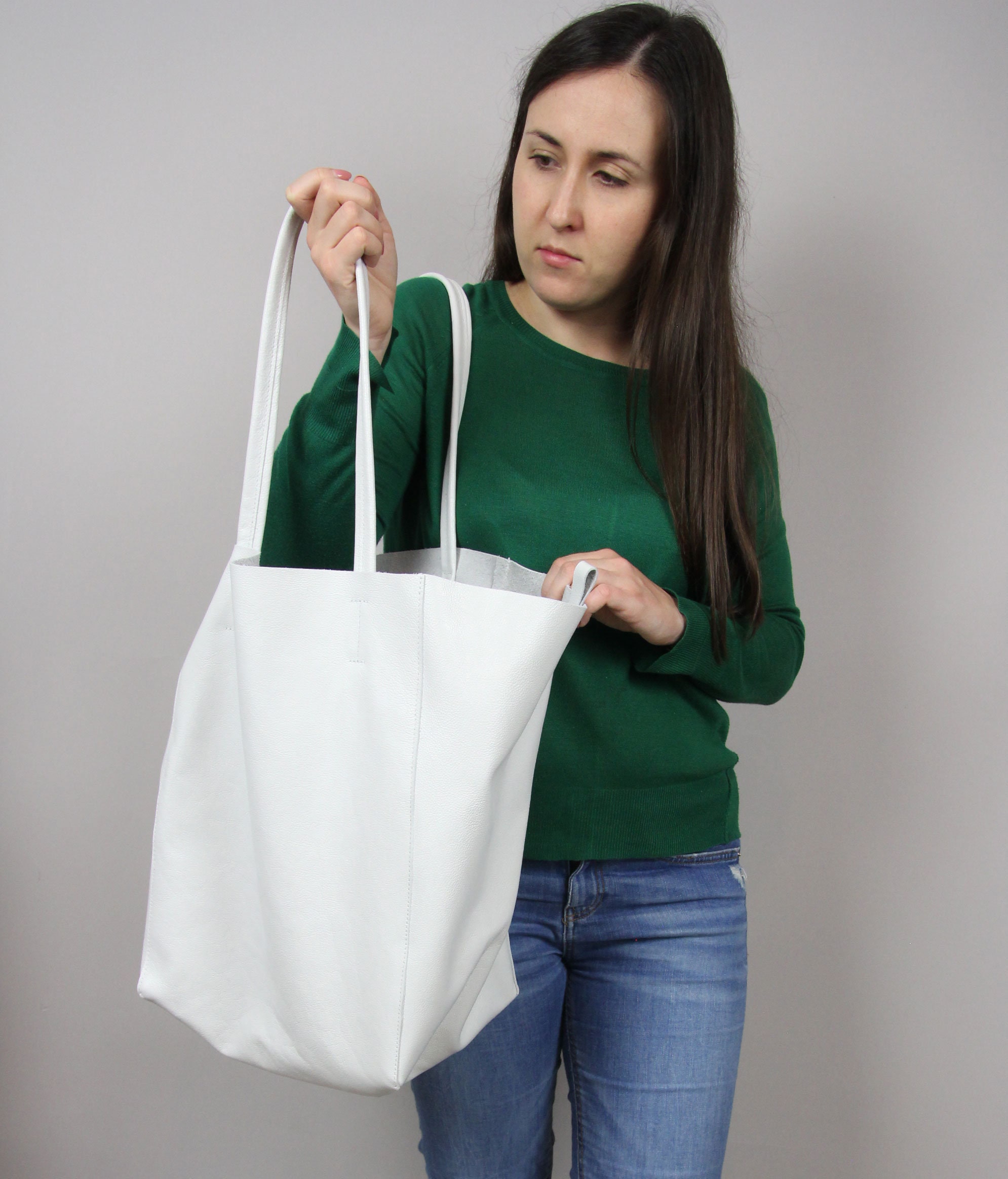 White Leather Bag Large Leather Tote Purse Leather Handbag, Leather ...