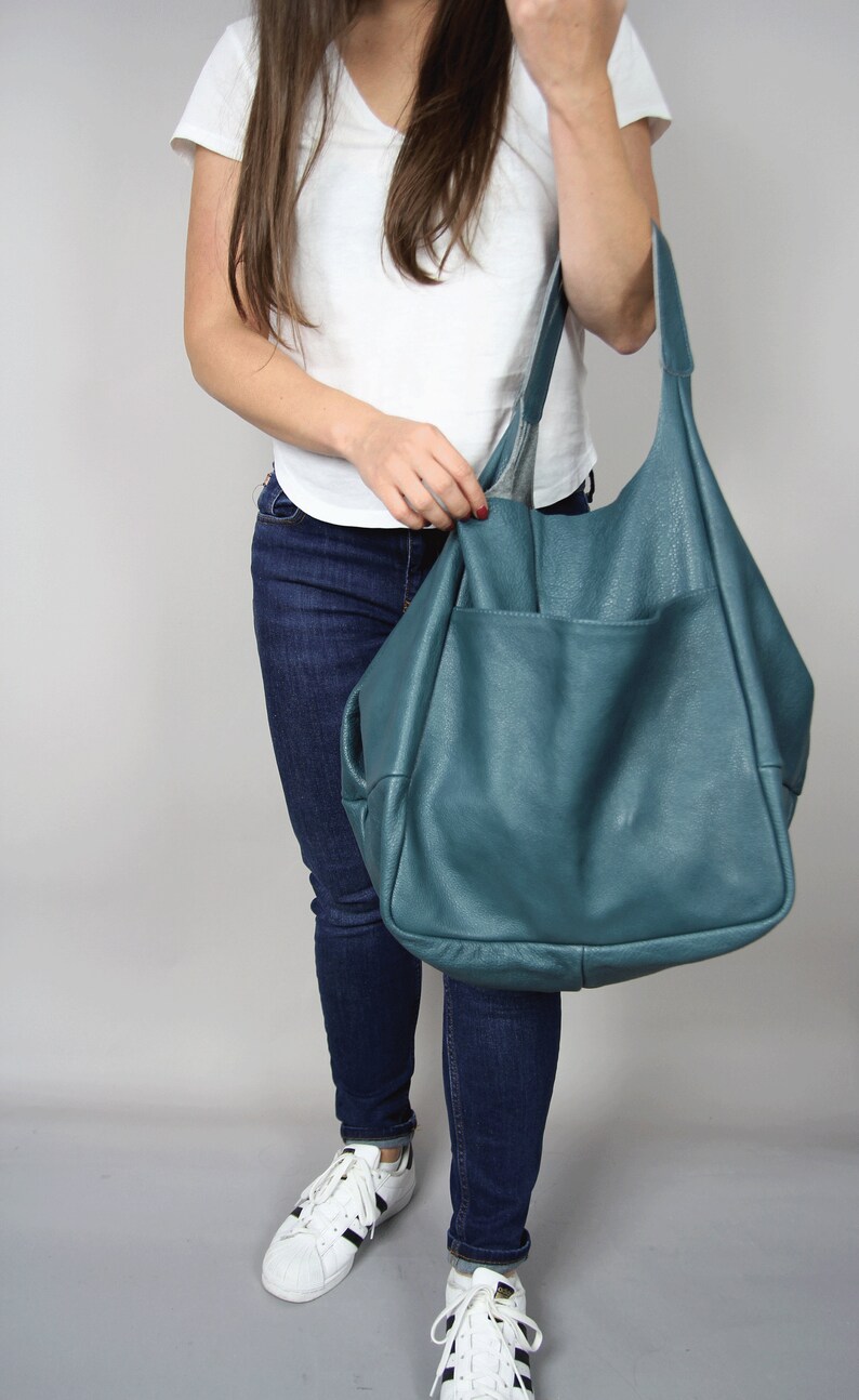 Leather Weekender Bag, Blue Tote Bag, Large Handbag, Leather Shoulder ...