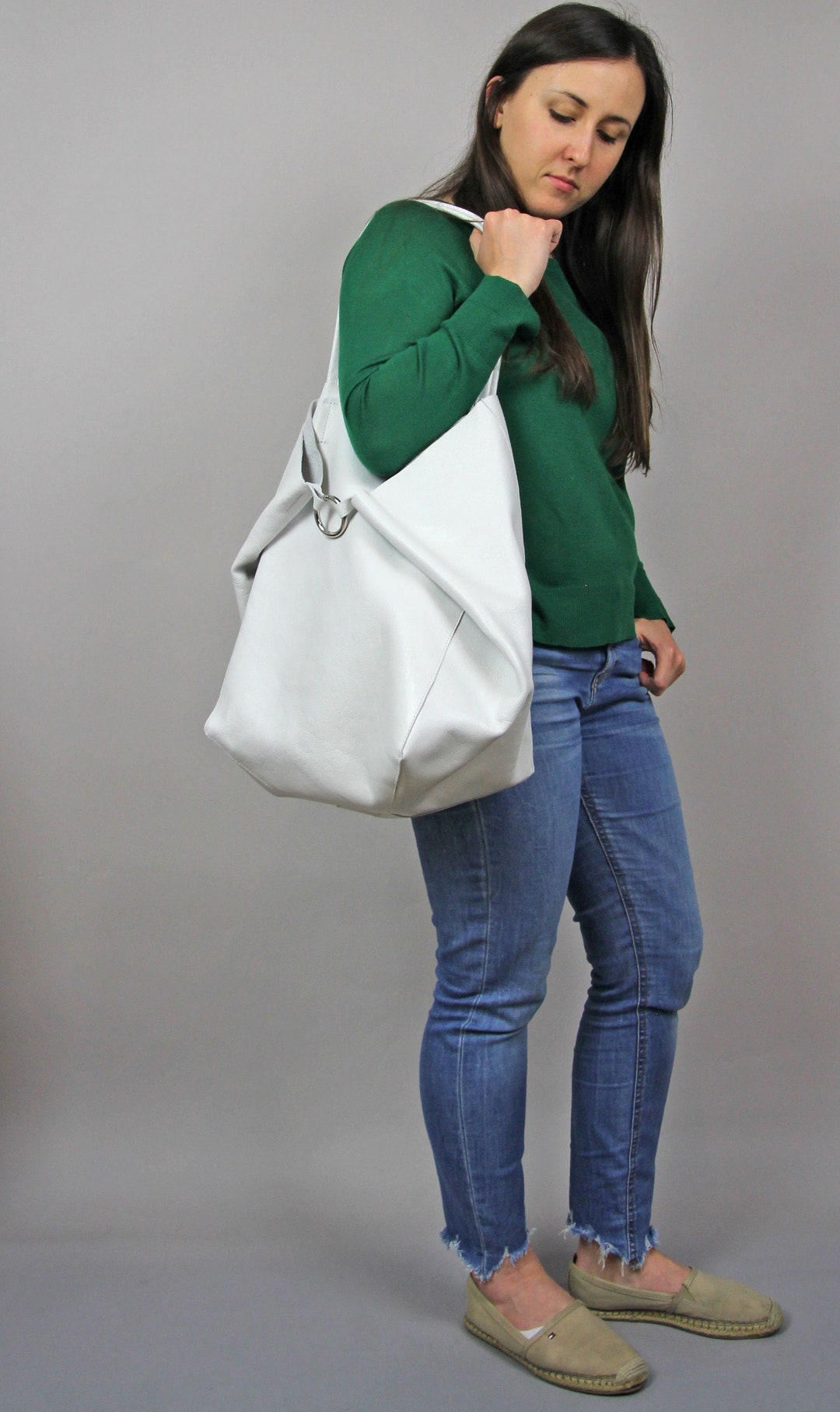 White Leather Bag Large Leather Tote Purse Leather Handbag, Leather ...
