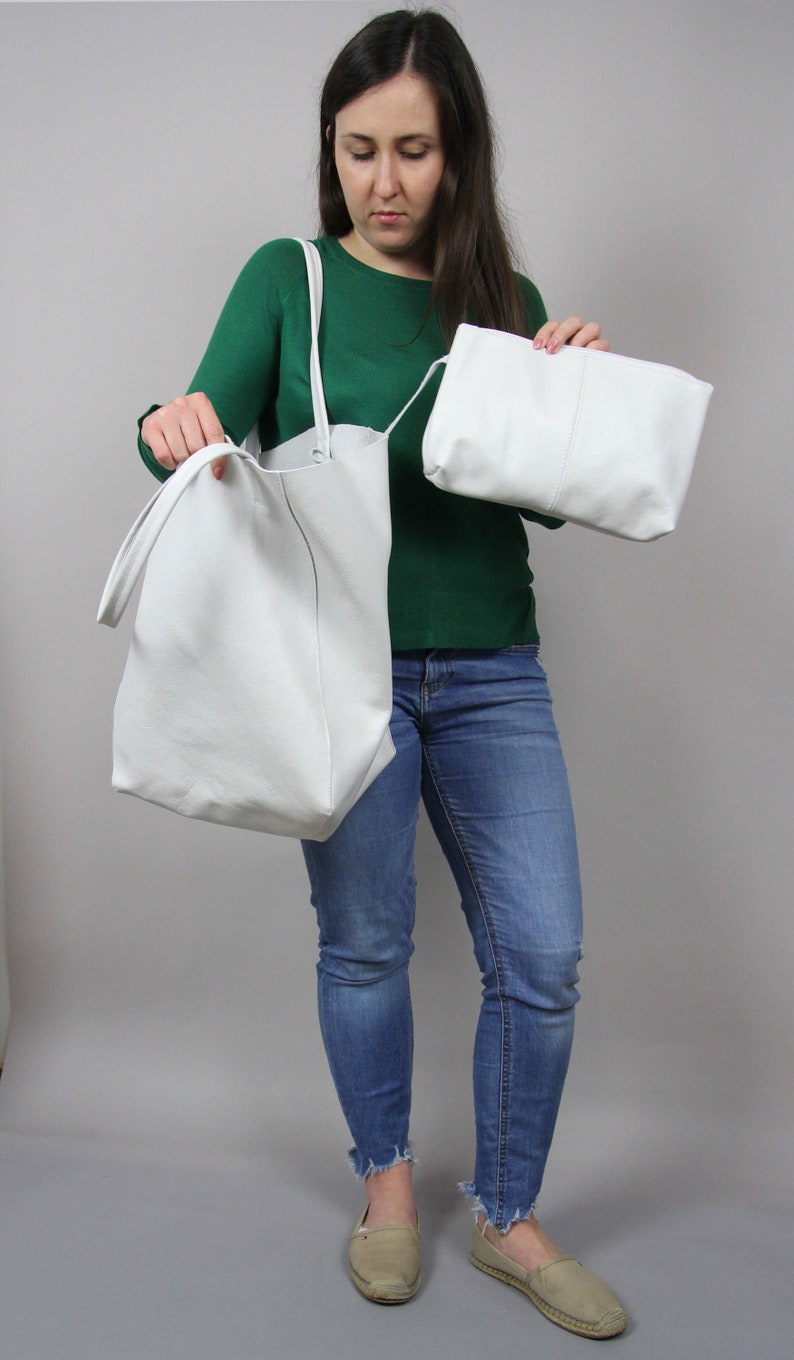 White Leather Bag Large Leather Tote Purse Leather Handbag, Leather ...