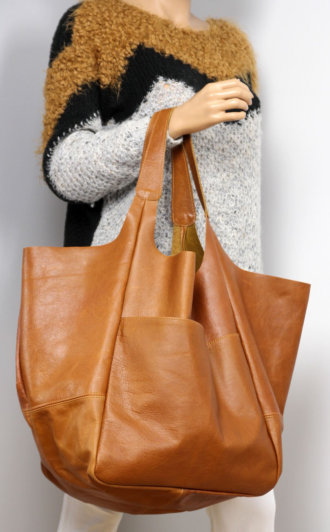 Extra Large Leather Tote With Pocket for Women,tan Leather Bag, Light ...