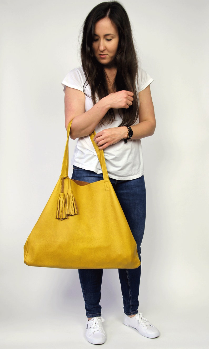 Oversized Shoulder Bag Large Tote Bag, Yellow Leather Shoulder Bag ...