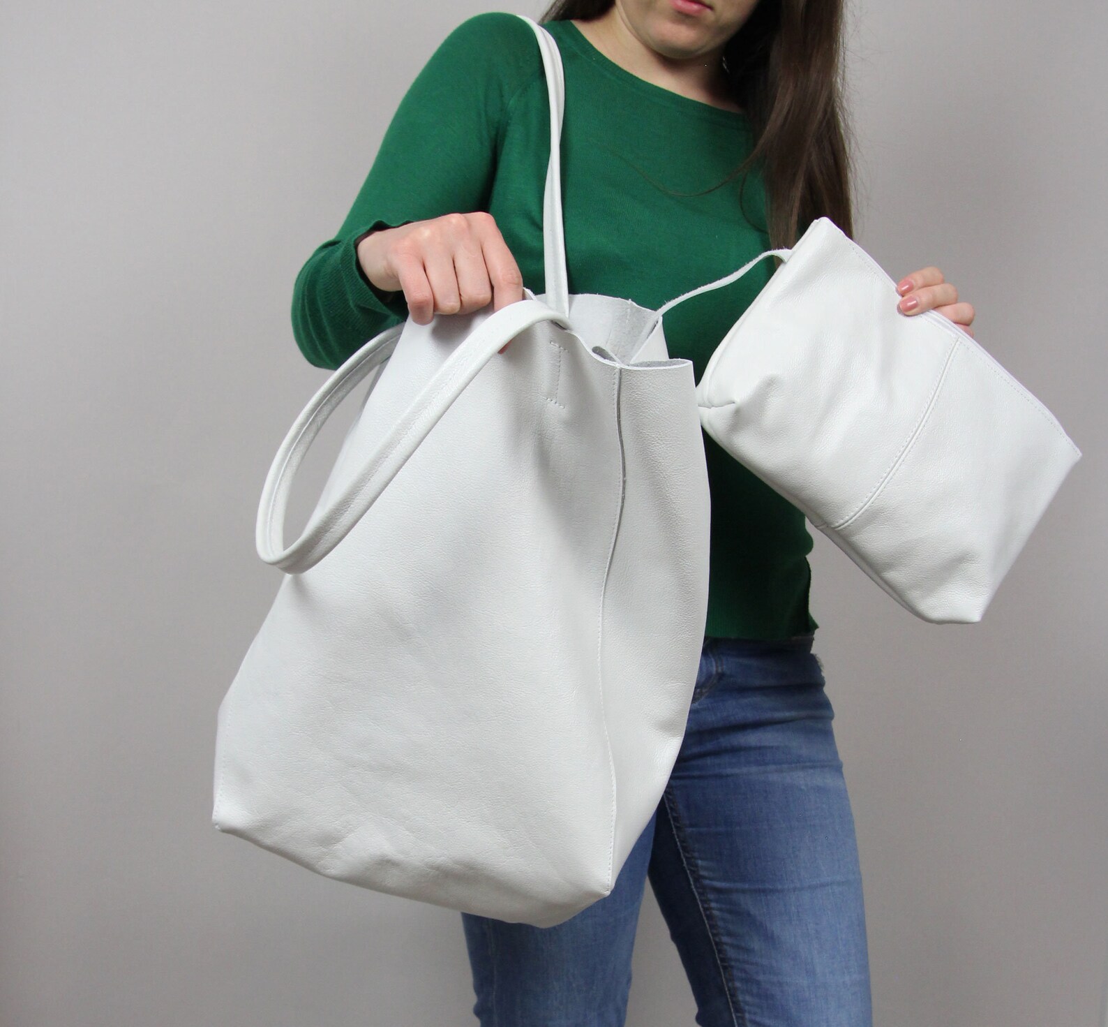 White Leather Bag Large Leather Tote Purse Leather Handbag, Leather ...