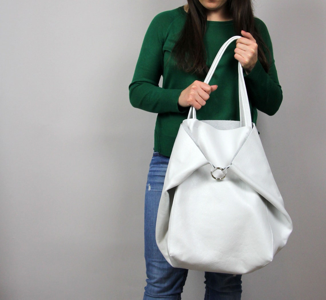 White Leather Bag Large Leather Tote Purse Leather Handbag - Etsy
