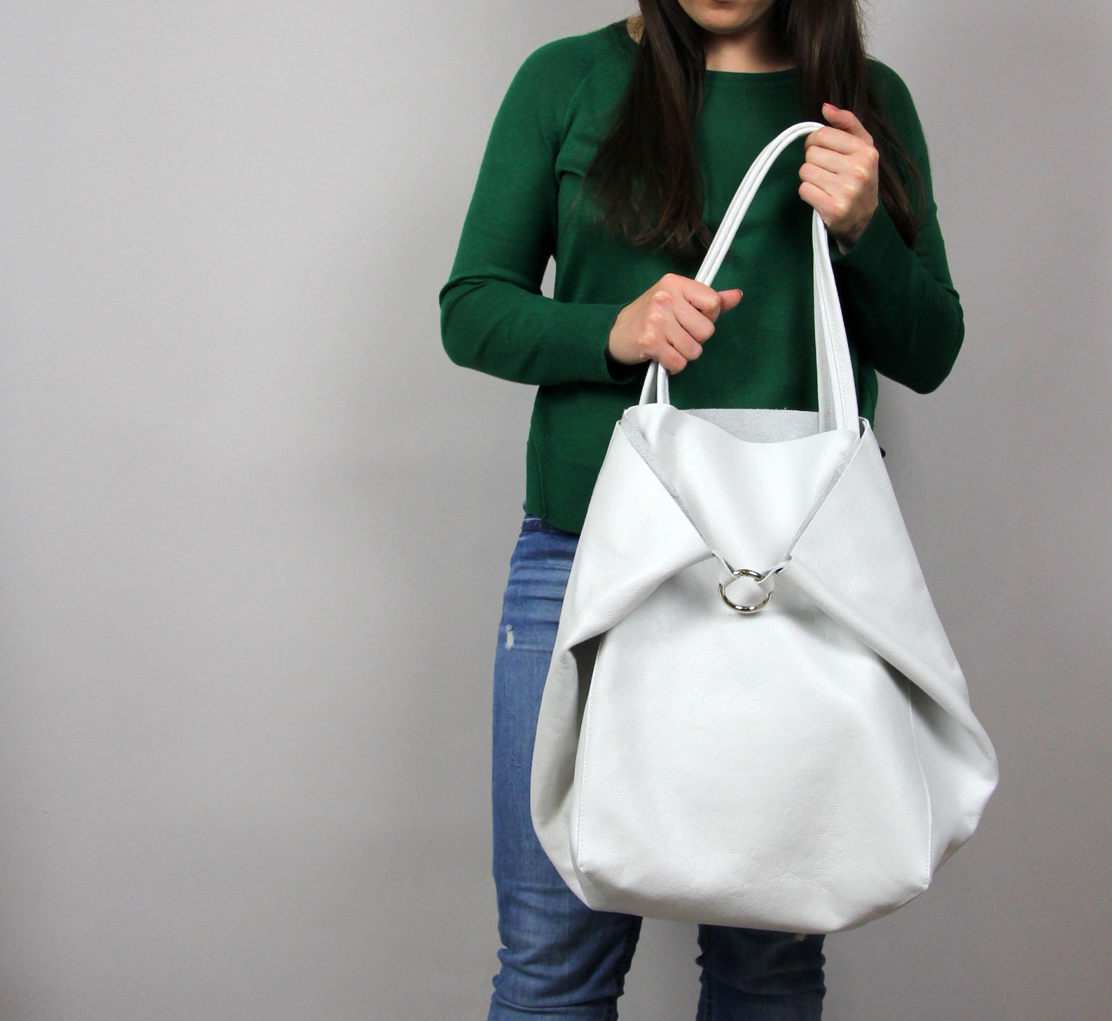 White Leather Bag Large Leather Tote Purse Leather Handbag - Etsy