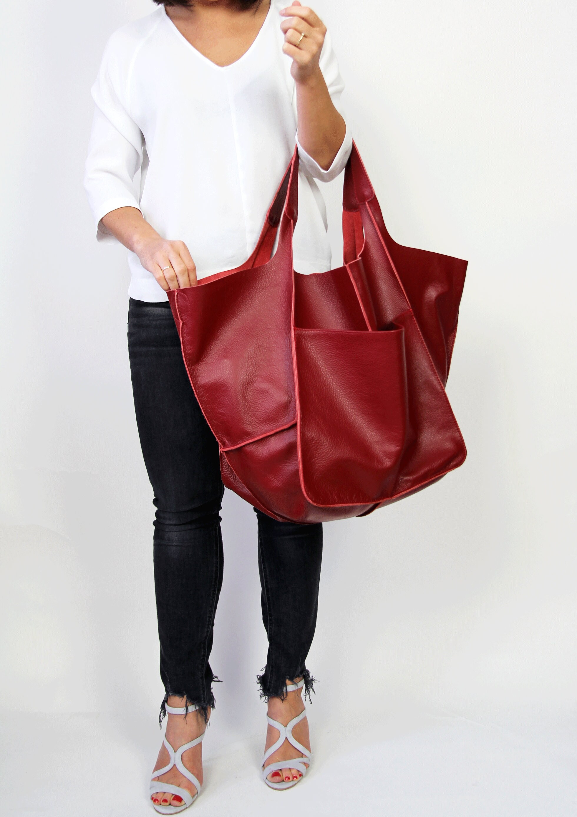Slouchy Bag 29”x 15” - Extra Large Leather Tote With Pocket for Women ...