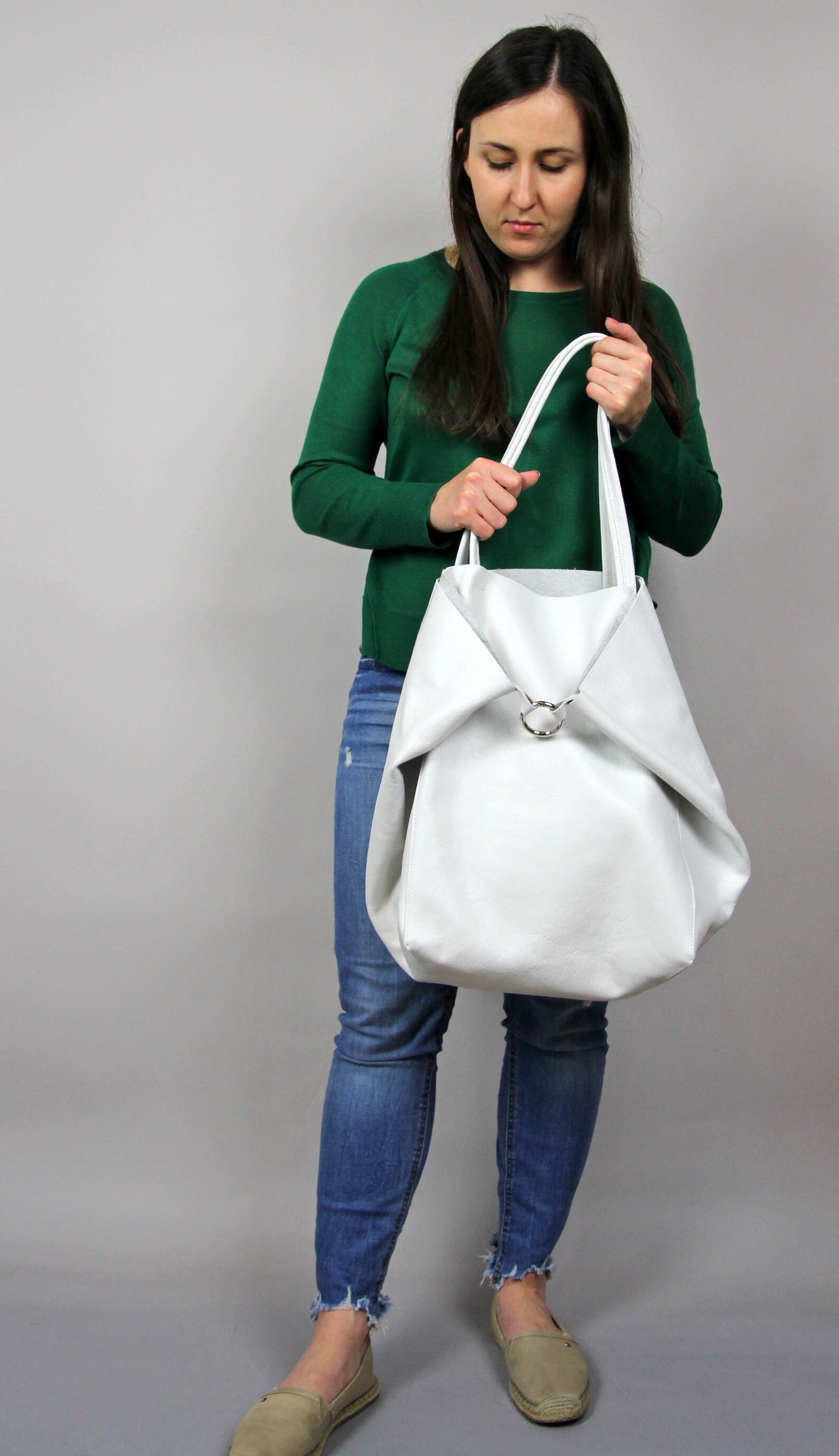 White Leather Bag Large Leather Tote Purse Leather Handbag, Leather ...