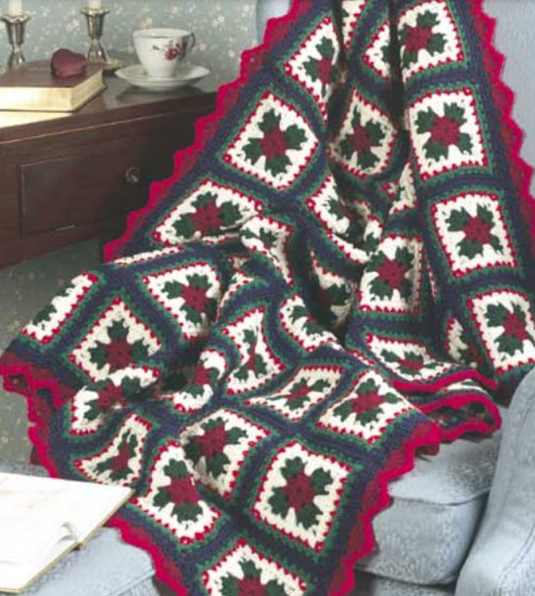 Christmas Granny Square Poinsettia Afghan Crochet Pattern Vintage ...