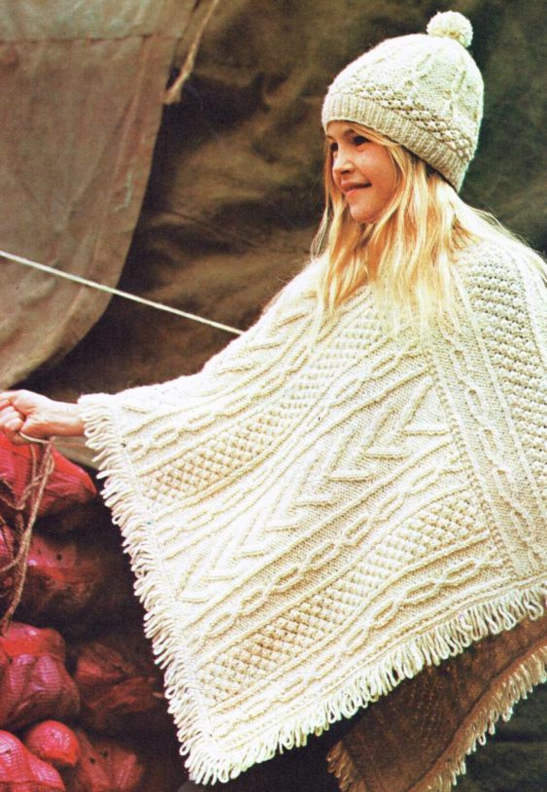 Aran Poncho and Hat Knitting Pattern Cable Fringe Aran Poncho and Hat ...
