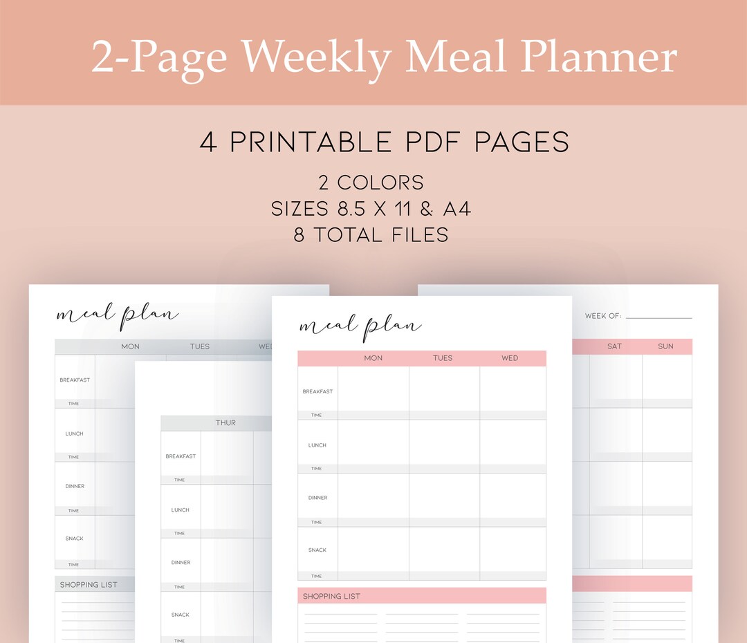 2-page Weekly Meal Planner Printable, Weekly Meal Plan PDF Download - Etsy
