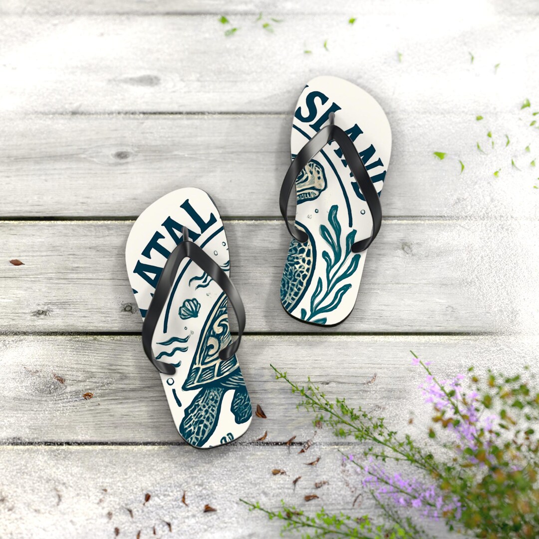 Sea Turtle Illustration Flip Flops | Coastal Island Beach Sandals - Etsy