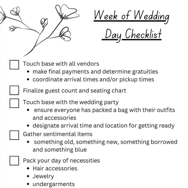 Week of Wedding Checklist - Etsy