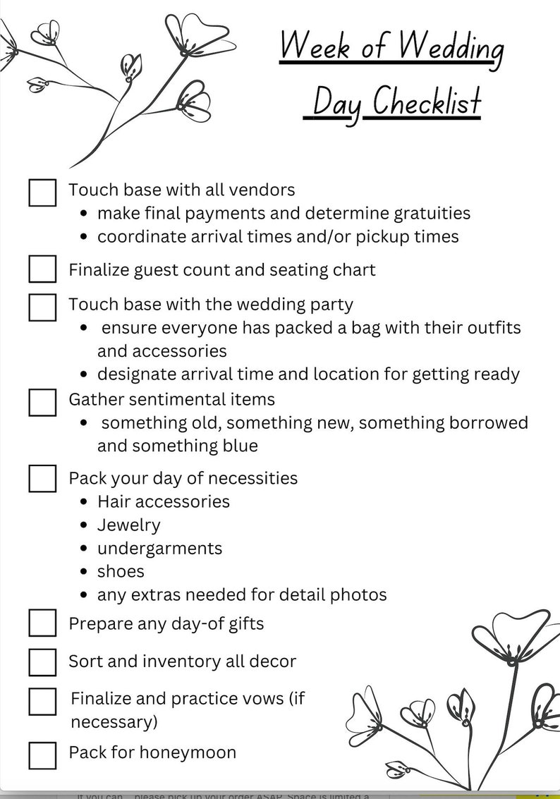 Week of Wedding Day Checklist - Etsy