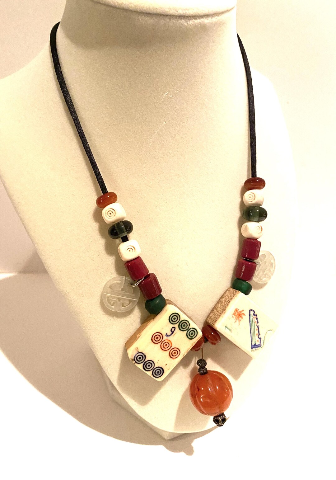 MAH JONG Tile NECKLACE, 2 Tiles, Glass and Bone Beads, Jade Medallions ...