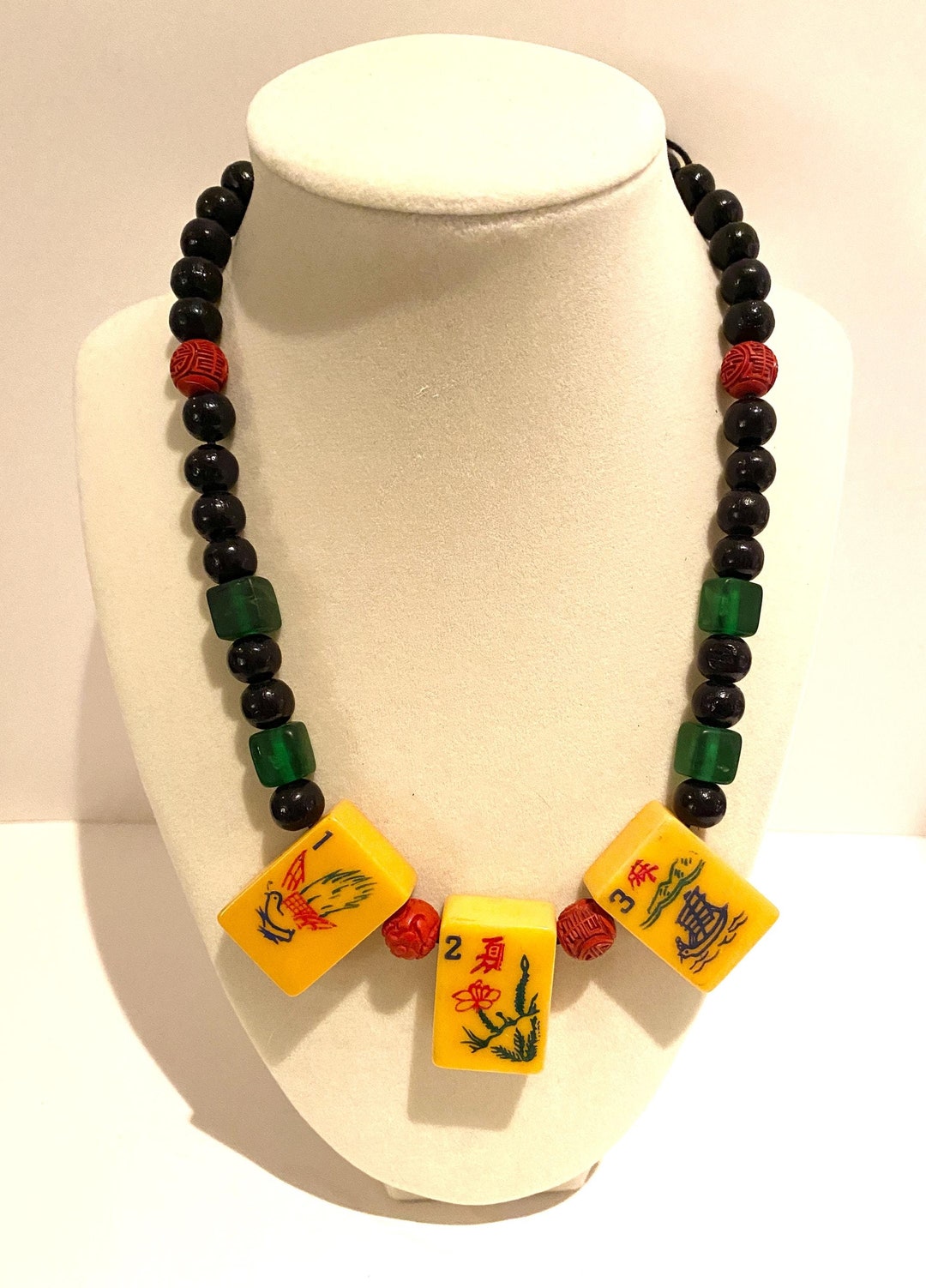 MAH JONG Tile NECKLACE, 2 Tiles, Glass and Bone Beads, Jade Medallions ...