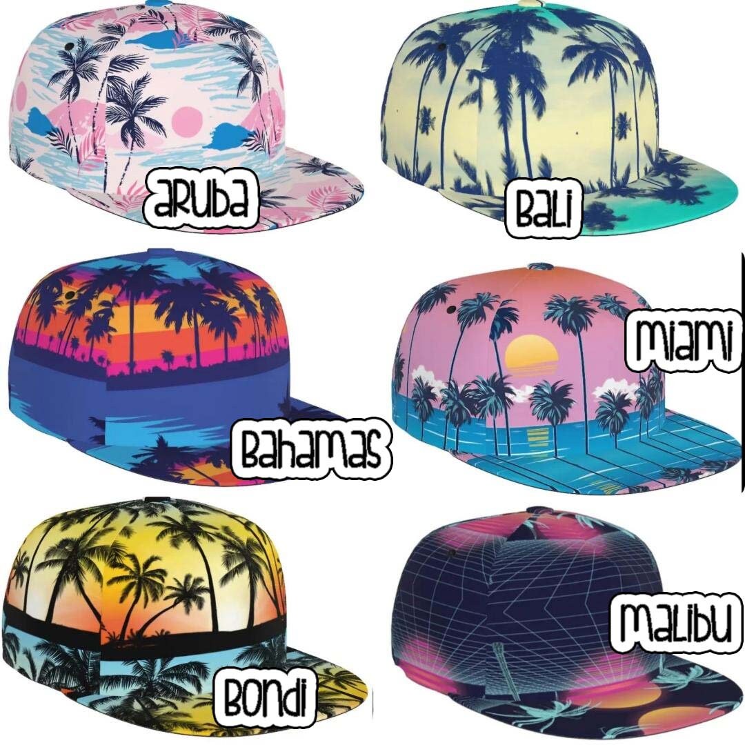 80's 90's Retro Print Snapback Hat Cap Ski Sunset Palms Beach Custom ...