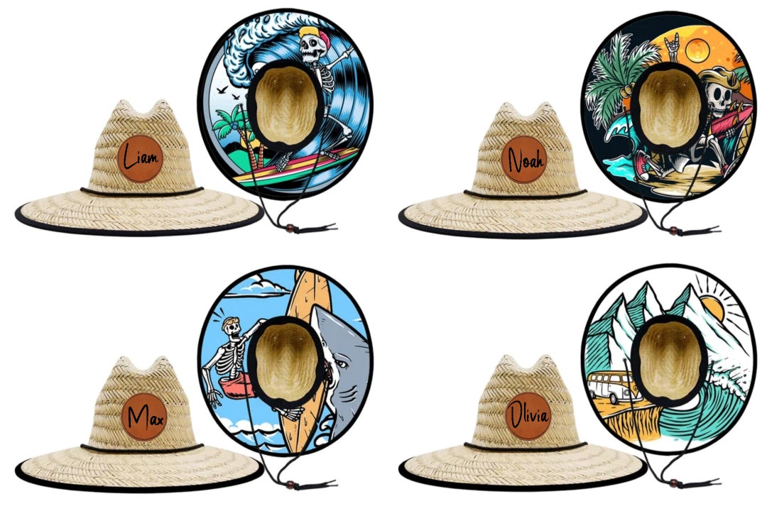 Baby Infant Custom Name Logo Leather Patch Straw Lifeguard Hat Sun Beach Summer Vacation Boys ...