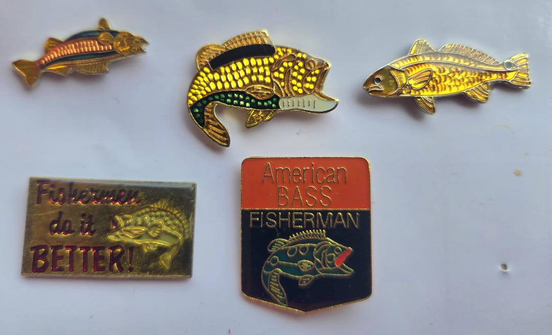 Set of 5 Vintage Enamel Pins Duck Fishing Bass Trout Fish Pin Hat ...