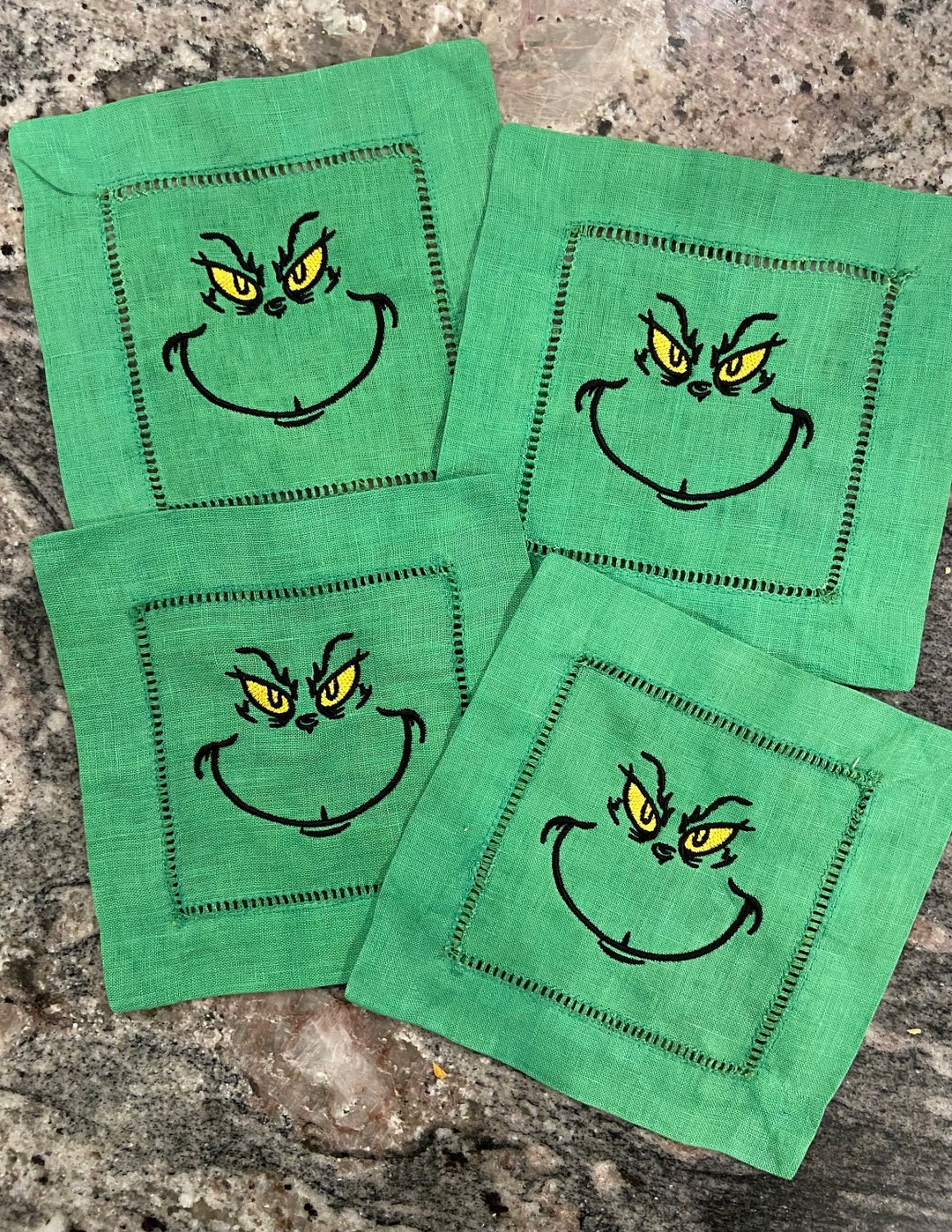 Embroidered Linen Cocktail Napkin With Grinch Face Christmas Gift and ...