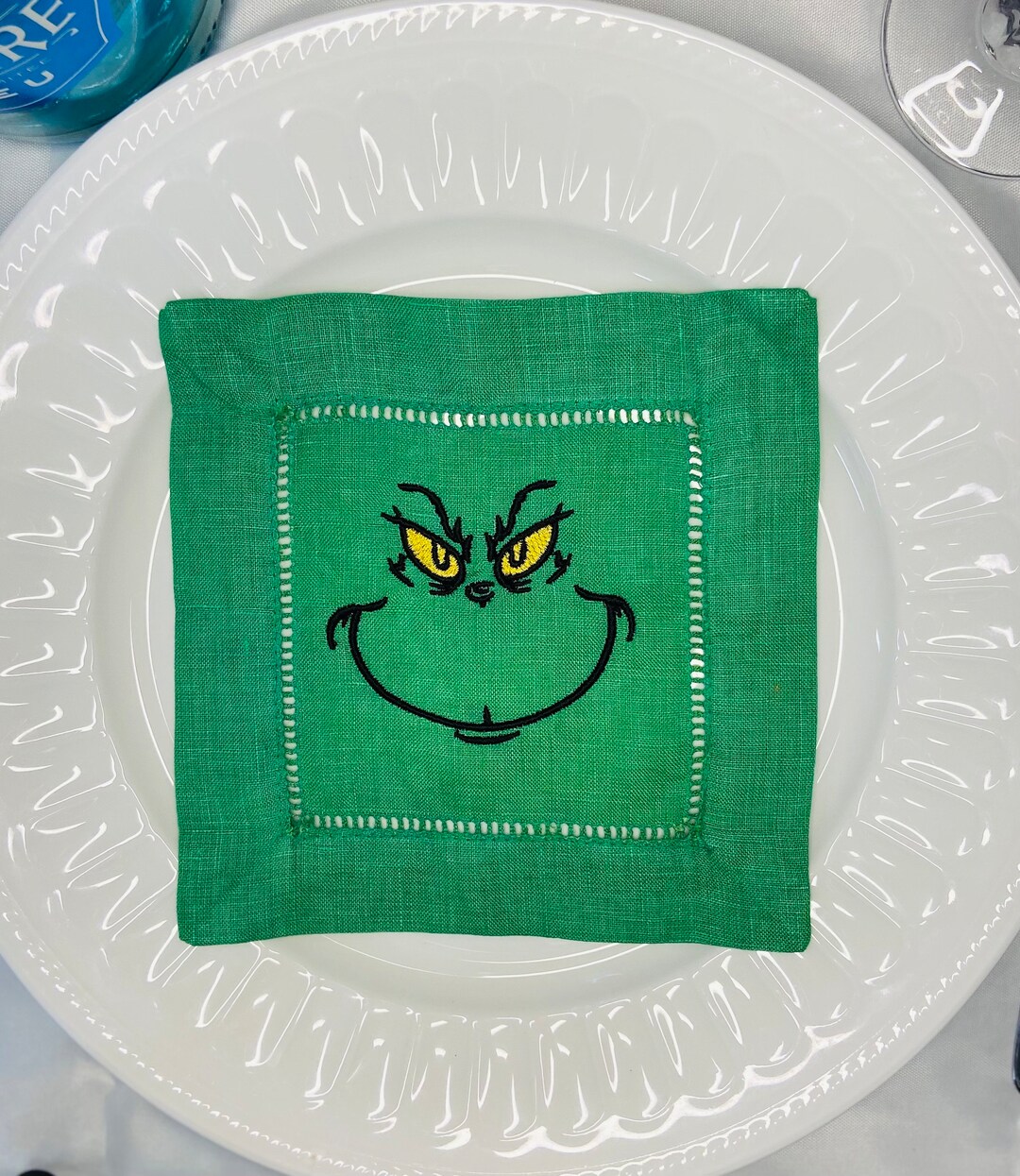 Embroidered Linen Cocktail Napkin With Grinch Face Christmas Gift and ...