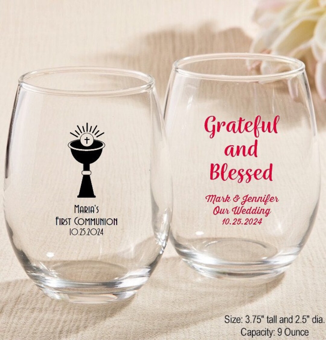 24 Personalized Stemless Wine Glass Religious Favors, Communion ...