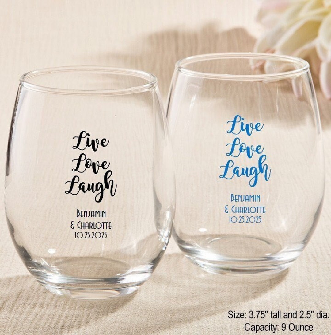 24 Personalized Stemless Wine Glass Wedding Favors, Live Love Laugh ...