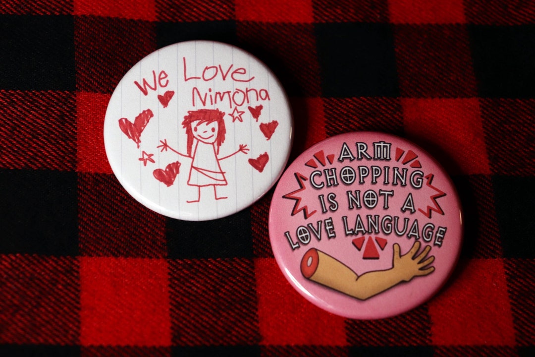 Nimona Inspired Pins: Arm Chopping Buttons (1.75") - Etsy
