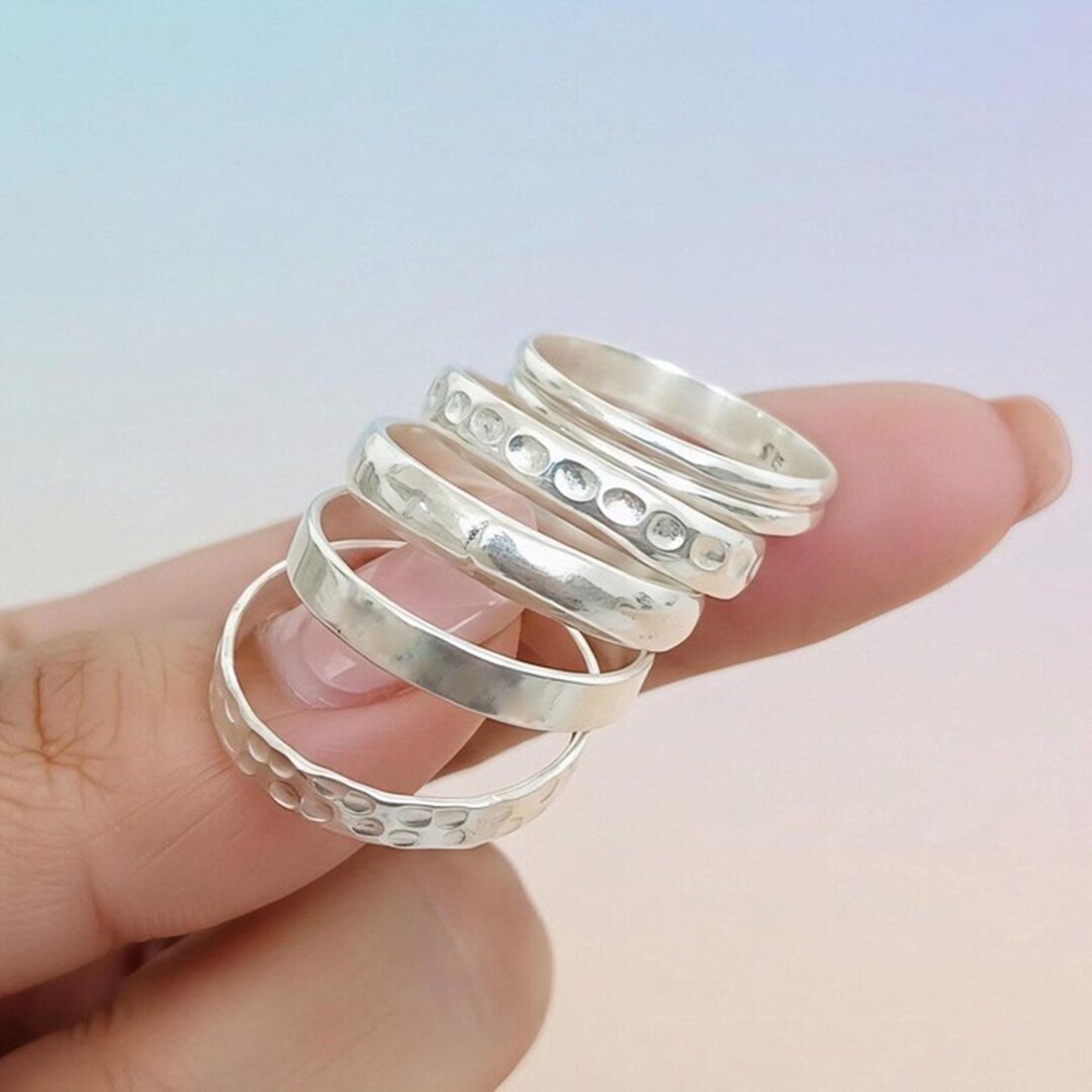 Sterling Silver Stacking Rings Set, Hammered, Beaded, Smooth Bands ...