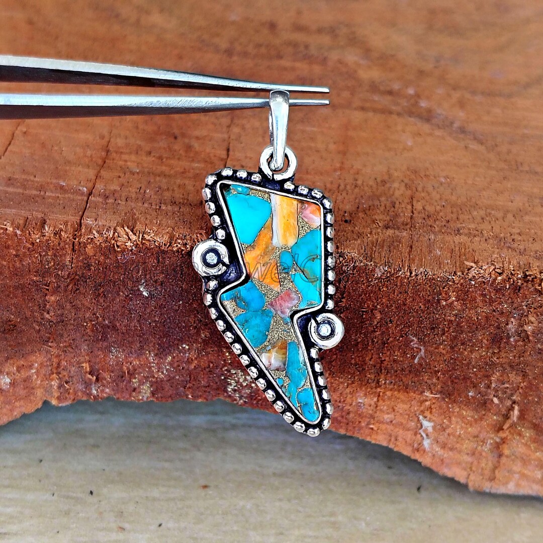 Oyster Turquoise Lightning Bolt Pendant: Handmade 925 Sterling Silver ...