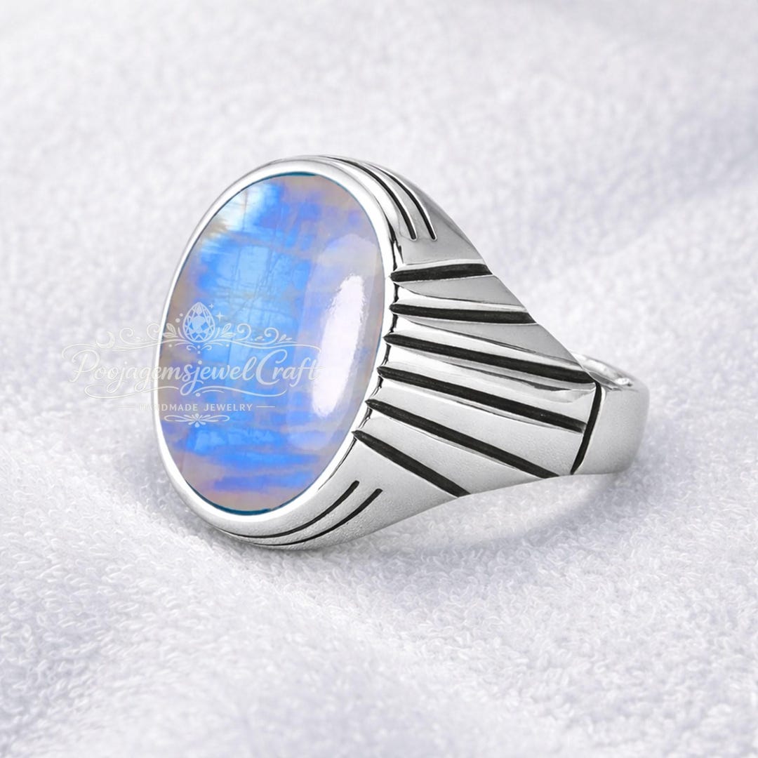 Men's Rainbow Moonstone Signet Ring, Sterling Silver Cabochon Statement ...