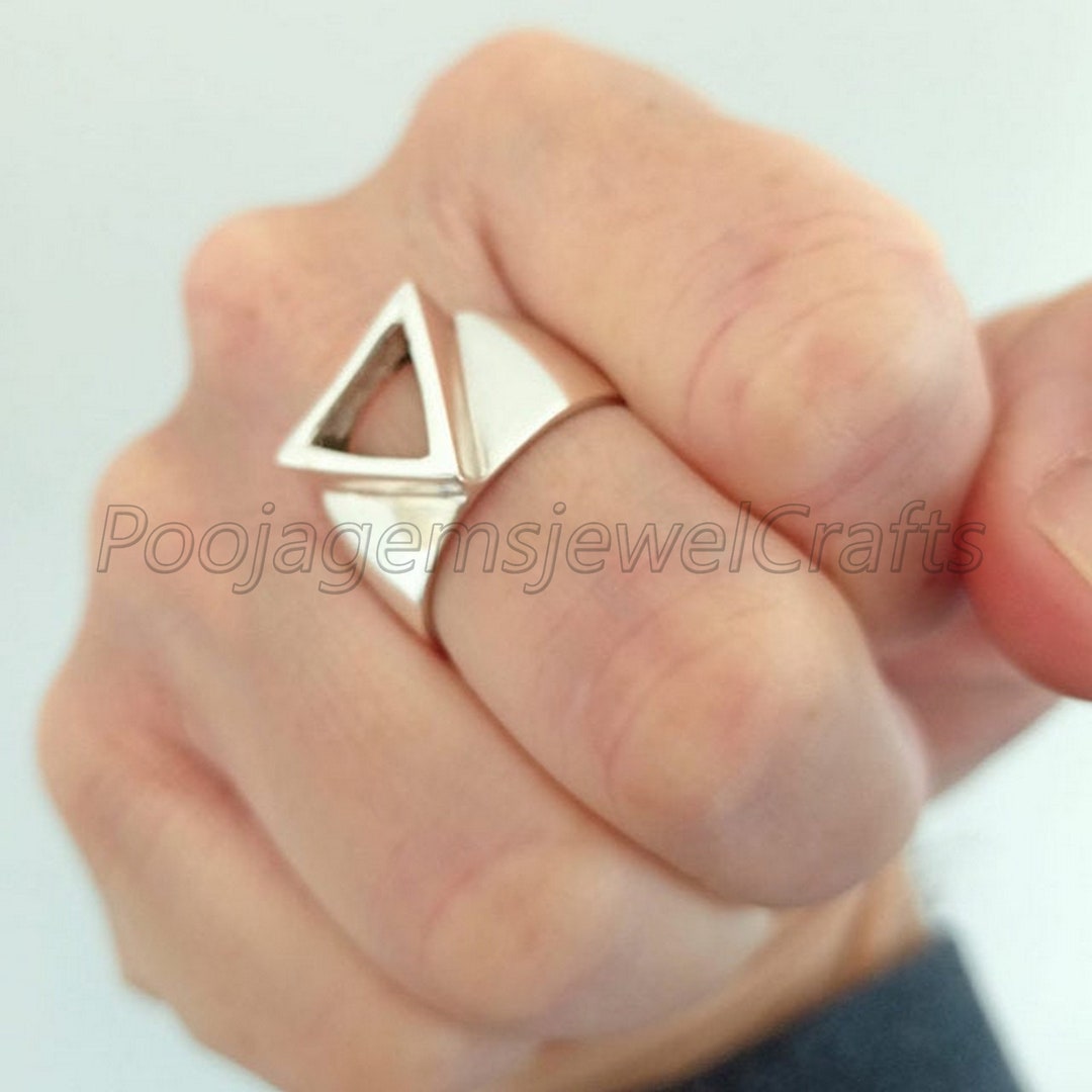 925 Silver Triangle Ring, Men Signet Ring Engraved, Geometric Ring Man ...