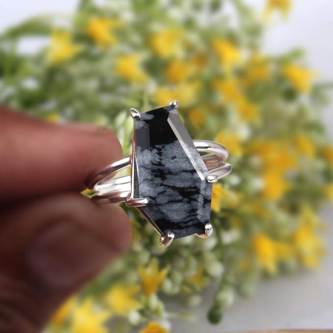 Snowflake Obsidian Ring, Coffin Obsidian Ring, Statement Silver Ring ...