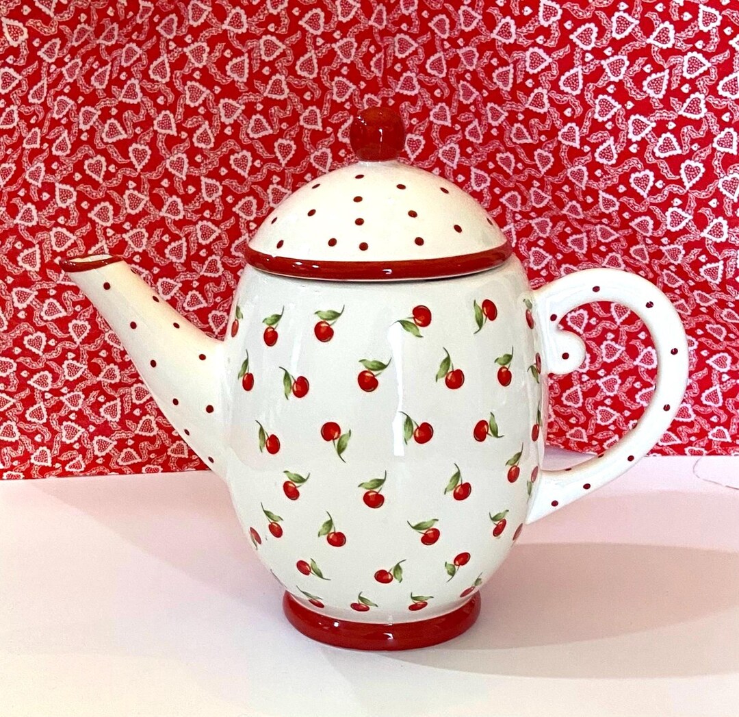 Teapot Cherries Polka Dots Large 6 Cup Coffee Pot "cherry" Finial ...