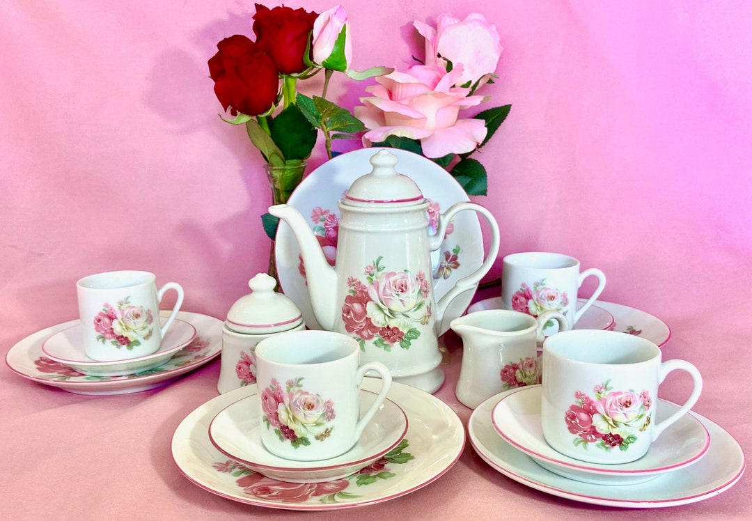 Child's Roses Tea Set for 4 Reutter 18 Piece Large Teapot Teacups ...