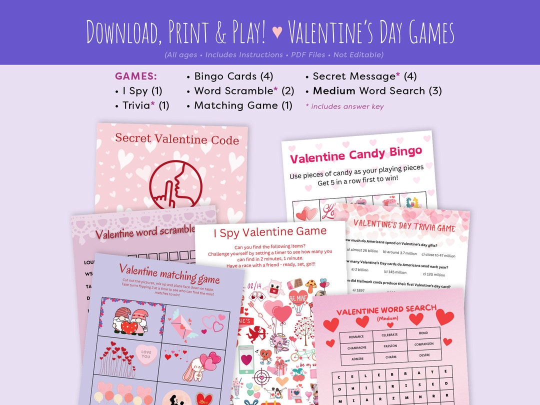 Valentines Day Printable Activity Games for All Ages: Trivia, Word ...