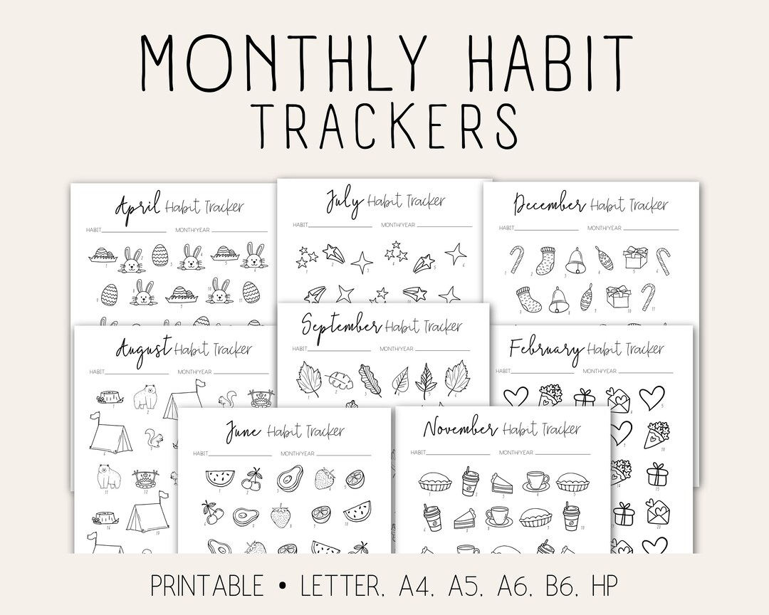 Monthly Bullet Journal Habit Trackers Bundle 12 Months of Printable ...